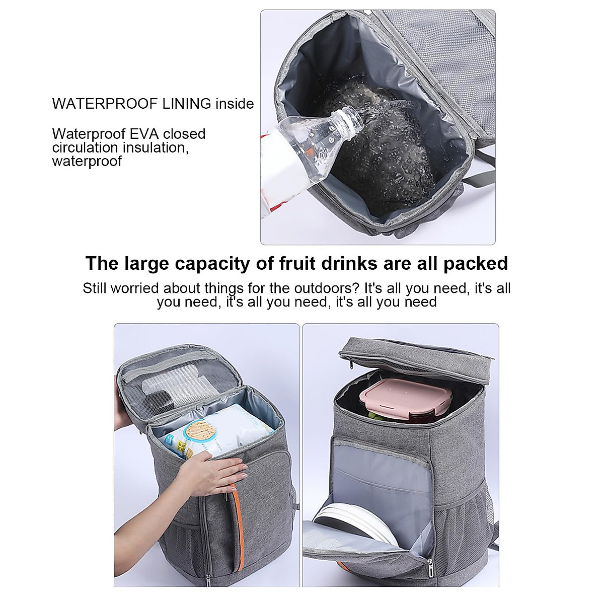 SUNFECILI Thermal Insulated Food Delivery Backpack,Backpack Cooler,18L Grey Leakproof Cooler Backpack Tote Bag,Insulated Reusable Grocery Shopping Backpack for Fruits Drinks Lunch Boxes