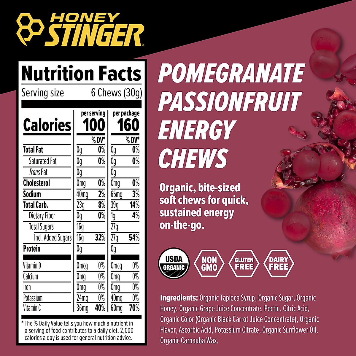 Honey Stinger Organic Pomegranate Passionfruit Energy Chew | Gluten Free & Caffeine Free | for Exercise, Running and Performance | Sports Nutrition for Home & Gym, Pre and Mid Workout | 12 Pack
