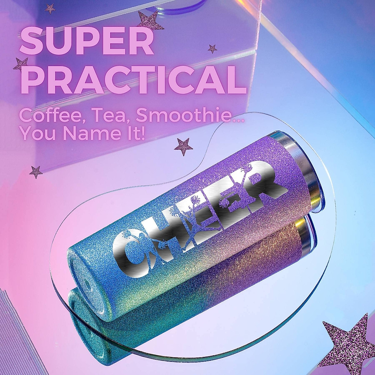 Onebttl Cheerleader Glitter Tumbler Gifts For Girls - Cheer - 20oz/590ml Stainless Steel Insulated Tumbler with Straw, Lid - Gift for Cheerleading, Coach or Cheer Squad - (Purple-Blue Gradient)