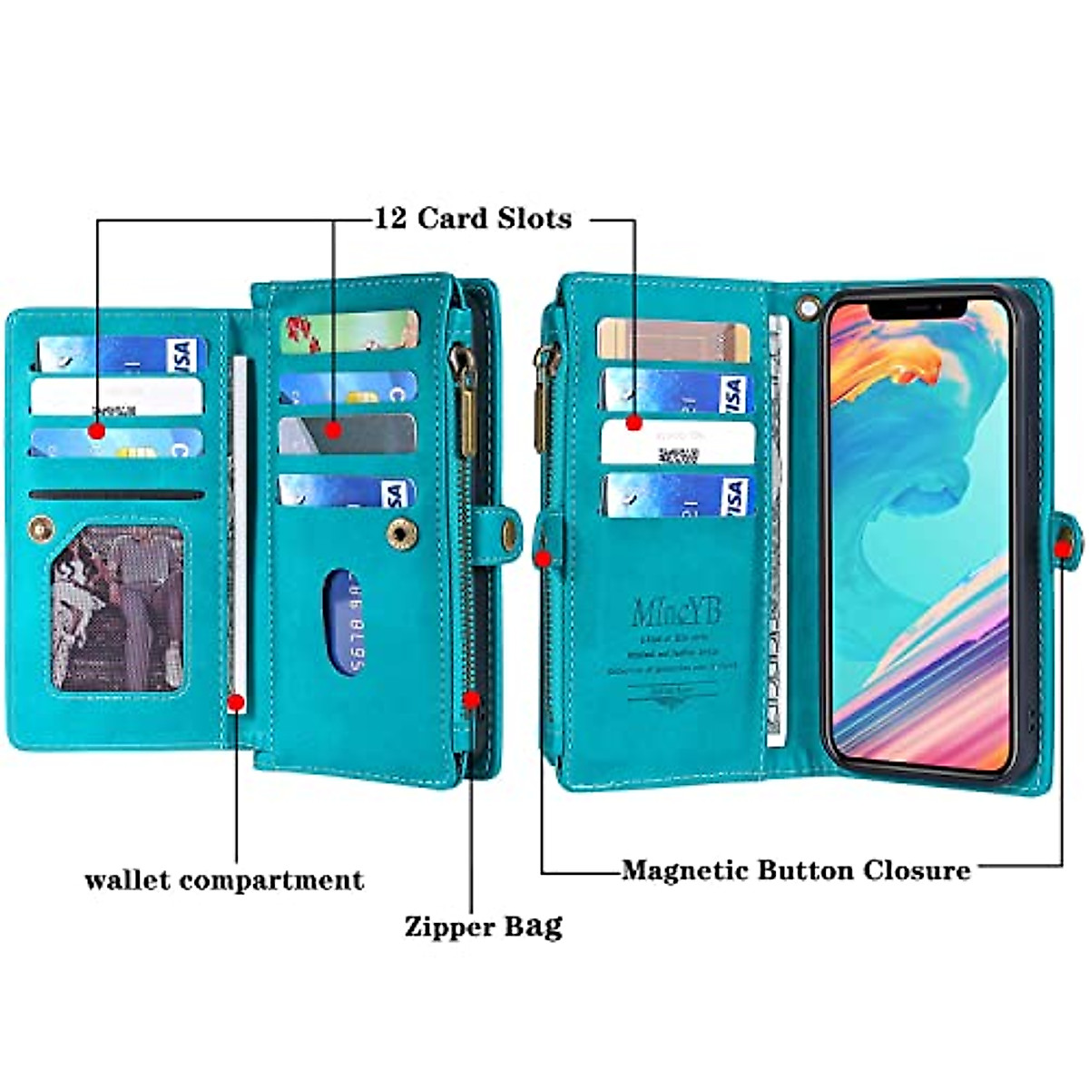 MInCYB Compatible with iPhone 14 Pro Wallet Case, Zipper Case with RFID Blocking Card Holder Slots for Women Men, Magnetic Detachable Leather Cover with Wristlet Strap for iPhone 14 Pro. Blue