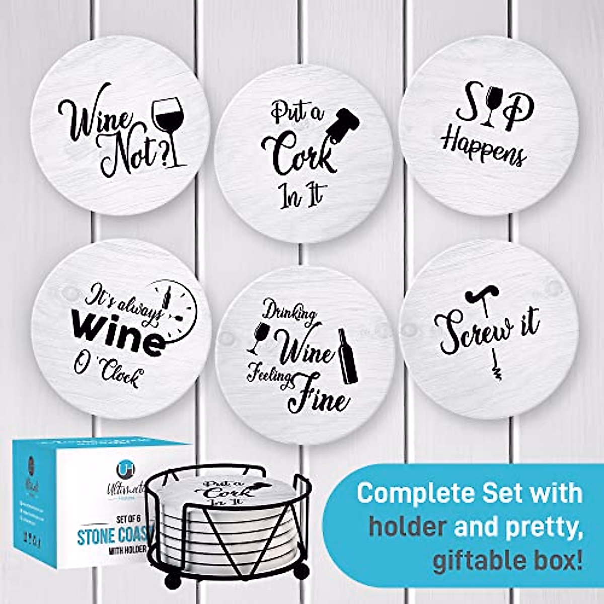 Coasters for Drinks Absorbents with Holder - 6 Pcs Gift Set with 6 Funny Sayings for Wine Lovers - Ceramic Stone with Corked Back, Unique Present for Housewarming, Living Room Decor