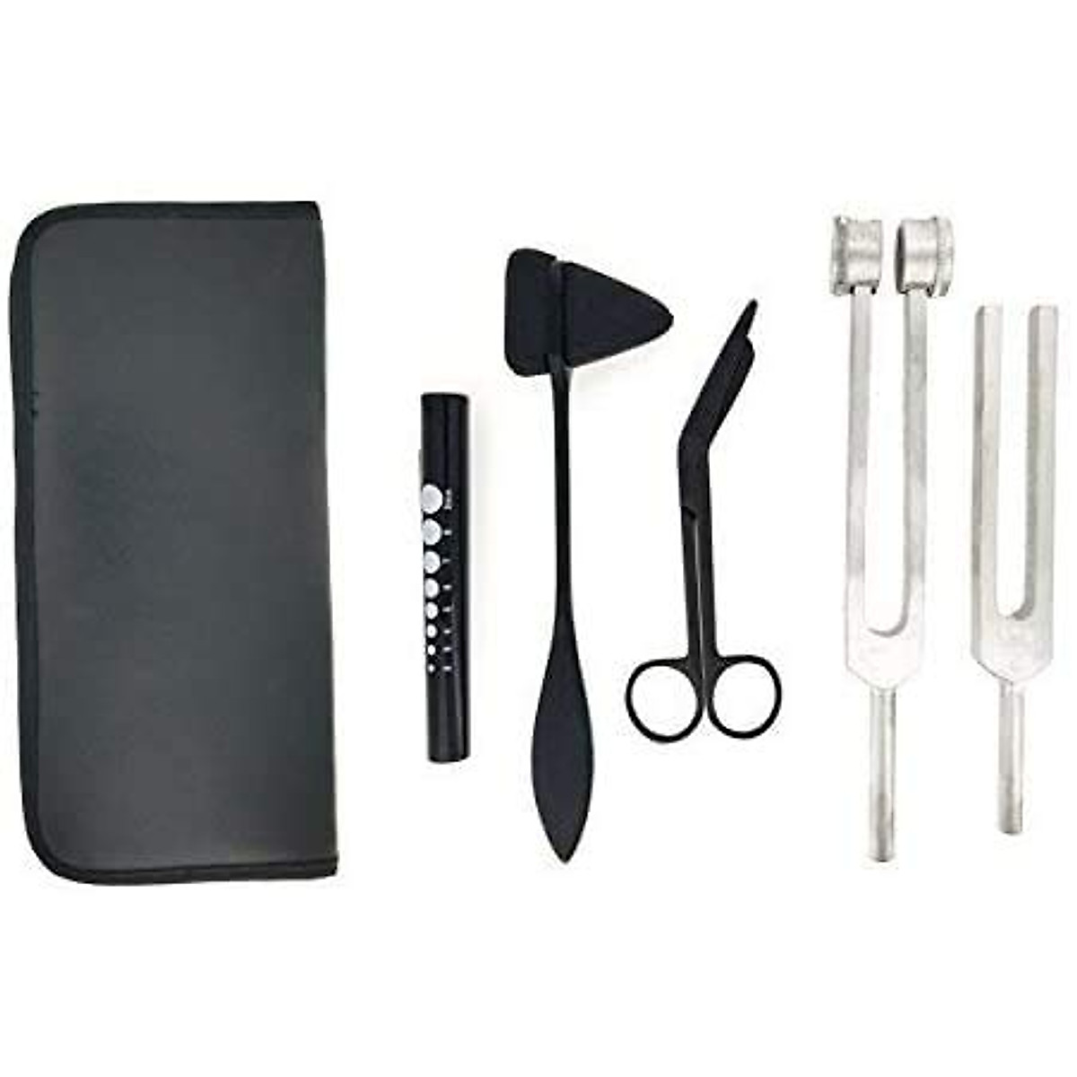SURGICAL ONLINE Tactical Black - Set of Multi Purpose Diagnostic kit for Neurological, EMT and Eye EXAM, Reflex Percussion Taylor Hammer + Penlight + Tuning Fork C 128 C 512 + Bandage Scissors 5.5"