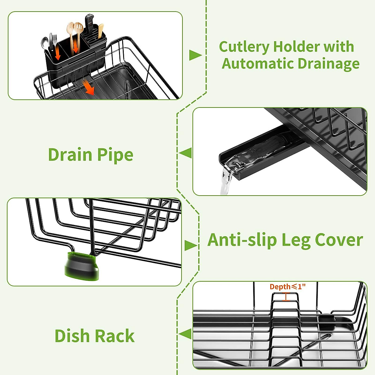 DMTXCRP Dish Drying Rack with Drainboard for Kitchen Counter, Large Capacity Durable Rustproof Stainless Steel Dish Drainer Rack with Removable Flatware Caddy -Black