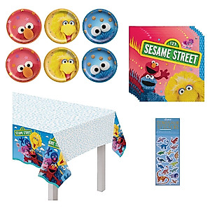 Sesame Street Elmo Big Bird Cookie Monster Birthday Party Supplies Bundle includes 16 Dessert Cake Paper Plates, 16 Napkins, 1 Table Cover (Bundle for 16)