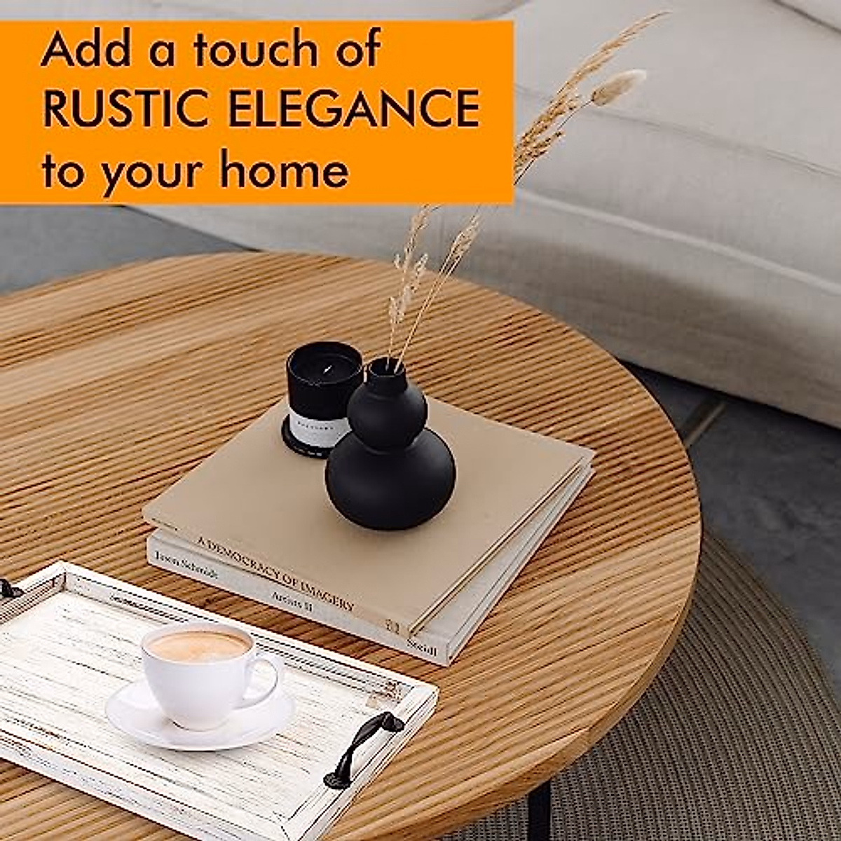 Gennua Kitchen Rustic Wooden Serving Tray Set with Metal Handles | 2 Nesting Decorative Trays for Coffee Table, Ottoman, Countertop & More with Distressed White Finish to Complement Any Decor