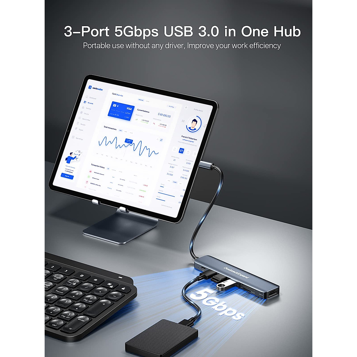 USB C Hub, DockteckExpand 7 in 1 USB-C Multiport Adapter with 4K HDMI, 100W Power Delivery, 3 USB 3.0 Ports, SD/TF Card Reader, for MacBook Pro/Air, iMac, iPad Pro, Surface Pro 7/8, XPS, HP and More