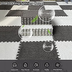 9/12/15/16 Pcs Interlocking Foam Carpet Tiles,Soft Fluffy Plush Area Rug Mat,Crawling Playmat Puzzle Mat,for Bedroom, 12X12inch, 0.4 Inch Thicken Foam,Grey+Rose red,16 PCS