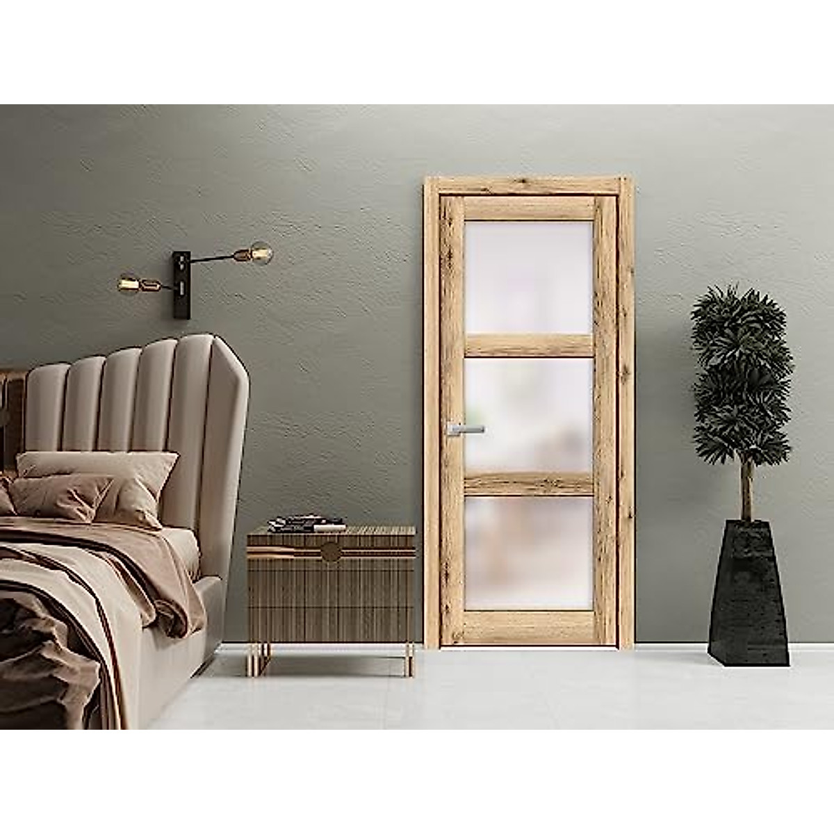 Solid French Door 36 x 84 inches | Lucia 2552 Oak | Single Regular Panel Frame Trims Handle | Bathroom Bedroom Sturdy Doors