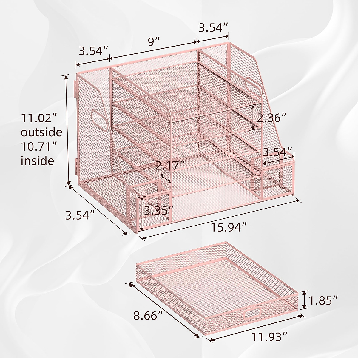 SUPEASY Mesh Desk Organizer with File Holder, 5-Tier Paper Letter Tray Organizer with Magazine Holder, Desktop Organizer and Storage with Drawer for Office Supplies Home or School, Pink