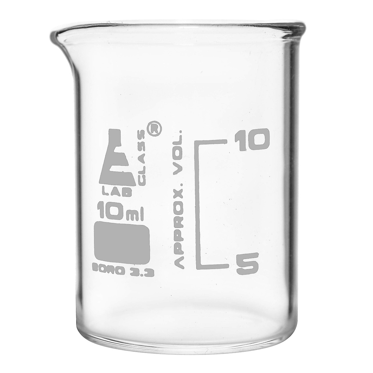 EISCO 12PK Beakers, 10ml - ASTM - Low Form with Spout - White Graduations - Borosilicate 3.3 Glass