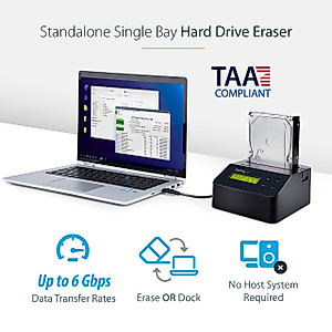 StarTech.com Single Bay Hard Drive Eraser, Standalone HDD/SSD Disk Wiper/Sanitizer, 4Kn, USB 3.0 to SATA III, 9 Erase Modes, LCD, RS232 Printer Port, Hardware Erasing Tool, TAA Compliant (SDOCK1EU3P2)