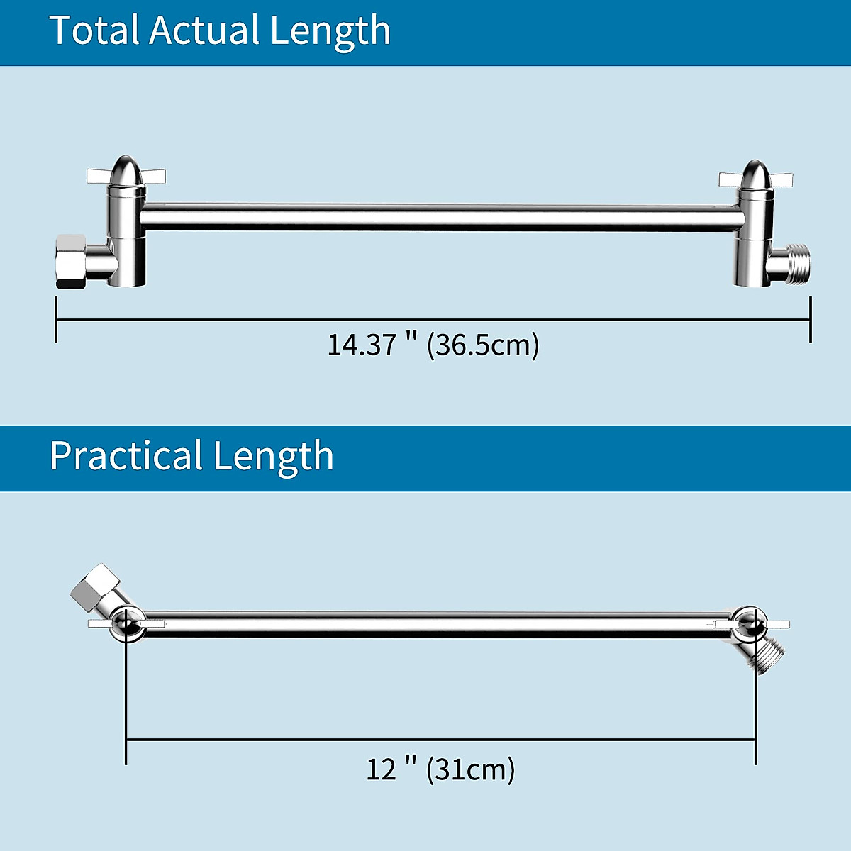 12 Inch Solid Brass Adjustable Shower Head Extension Arm Flexible Height & Angle Shower Arm Extender with Lock Joints, Universal Connection Solid Stainless Steel Shower Extension Arm, Chrome Finish