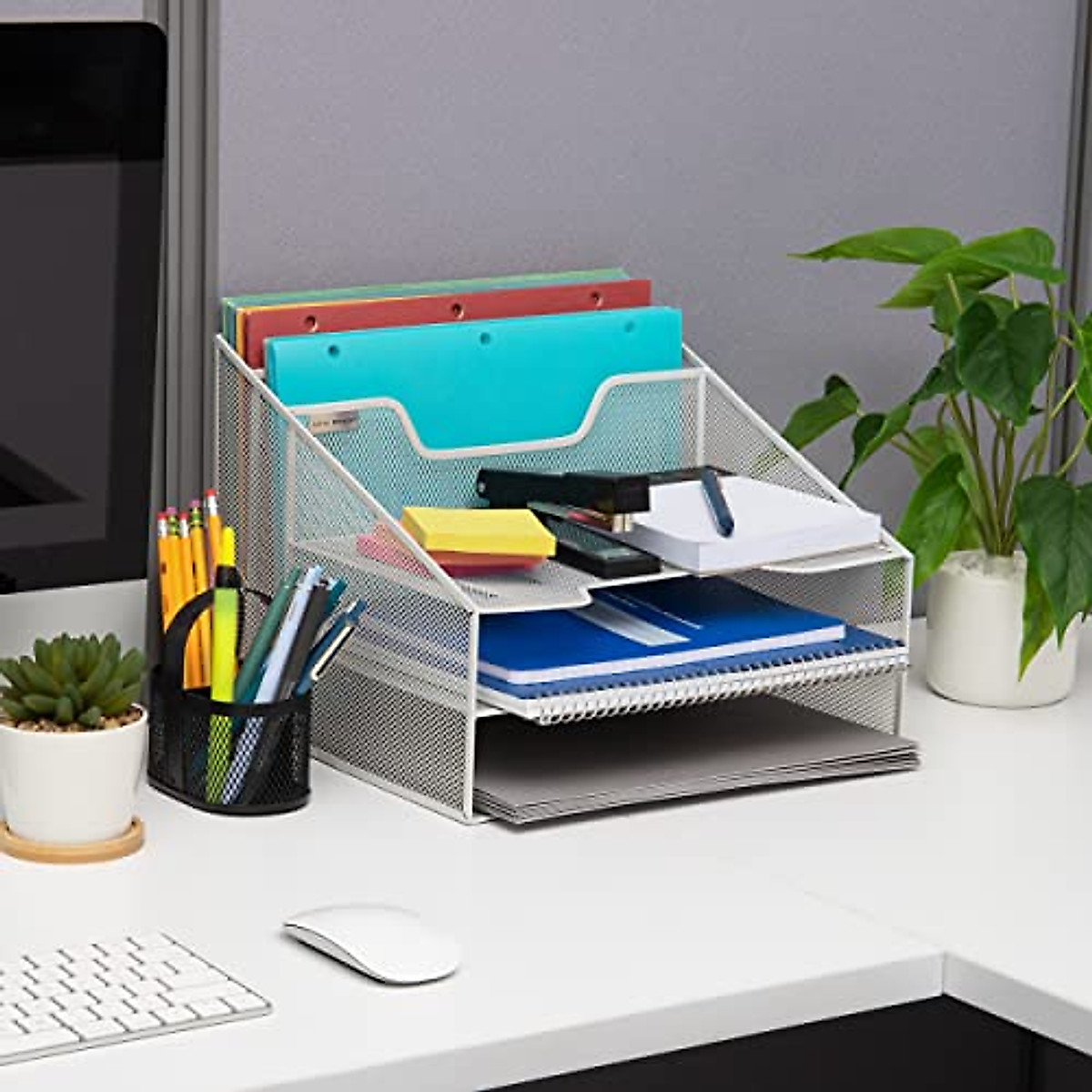 Mind Reader Network Collection, 3-Tier, 5-Compartment Desktop Organizer with 2 Vertical File Holders and 3 Horizontal Paper Trays, Desktop Organizer, Metal Mesh, White