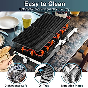 OMAIGA Panini Press, Sandwich Maker, 1500W 6-Serving Indoor Grill, Stainless Steel Top Surface, Detachable Non-stick Die-cast Aluminium Plates, Upright Storage, Opens 180 degrees