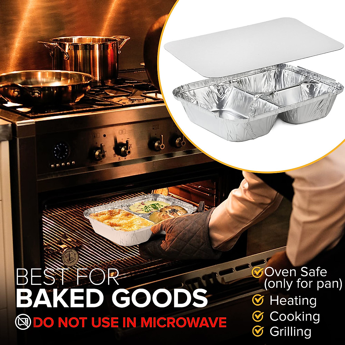 Fit Meal Prep [50 Pack 3 Compartment 8.5 x 6.5 x 1.5 Rectangular Disposable Aluminum Foil Pan Take Out Food Containers with Flat Board Lids, Hot Cold Freezer Oven Safe