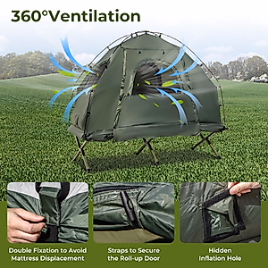 GYMAX Tent Cot, 5-in-1 Folding Camping Cot with Mattress & Pillows, Sleeping Bags, Sunshade, Camping Tent Elevated with Carrying Bag for Outdoor Hiking, Fishing, Picnic (2-Person-Original)