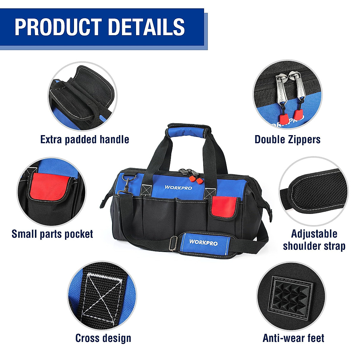 WORKPRO 18-inch Close Top Wide Mouth Storage Tool Bag with Adjustable Shoulder Strap, Sturdy Bottom