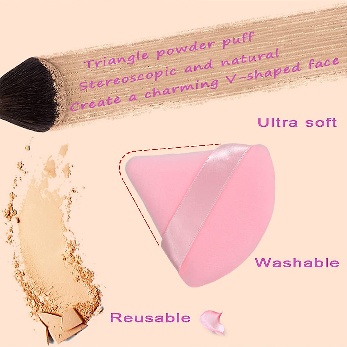 Pufandor 2Pcs Powder Puffs for Face Powder Triangle Powder Puff - Makeup Setting Powder Puff Ultra Soft Makeup Powder Puffs Velour Puffs Makeup Puffs for Powder, Makeup Puff for Women Cosmetic（Pink)