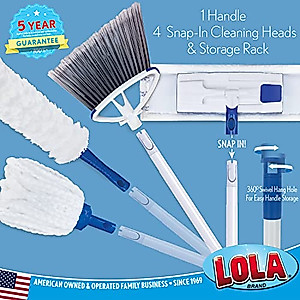 Lola Products 6-in-1 Cleaning Kit & Storage System | SPACE SAVER | 3 Mops, 1 Broom, 1 Storage Rack & 1 Handle | Cleans Dirt, Grime, Dust, & Pet Hair | Wall Mount Holder, Floor Cleaner & Dusting