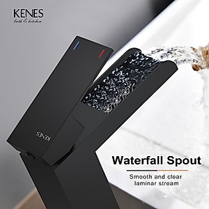 KENES Tall Bathroom Vessel Sink Faucet, Matte Black Tall Waterfall Bathroom Faucet, Single Handle Waterfall Bathroom Faucet Lavatory Vanity Faucet with Pop Up Drain & Water Supply Hoses LJ-9035A-2