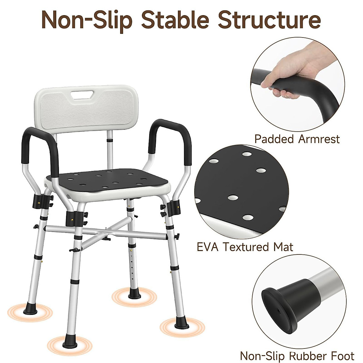 WAYES Shower Chair with Arms and Back - Bariatric Shower Chair, Up to 500 Lbs, Heavy-Duty, Adjustable