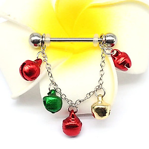 14G Jingle Bell Dangle Nipple Rings Stainless Steel Hoop Earrings Nipple Tongue Ring Barbell Piercing Red Green Ball Bead Christmas Nipple Piercing Jewelry for Women