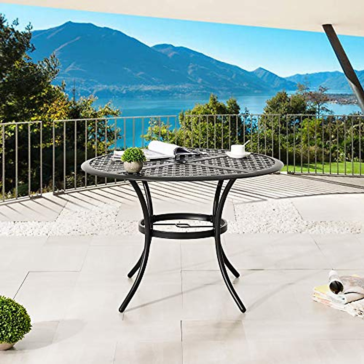 LOKATSE HOME 42.1" Outdoor Round Cast Wrought Iron Patio Metal Dining Table with Umbrella Hole, Steel Frame for Backyard Lawn Balcony Deck, Black