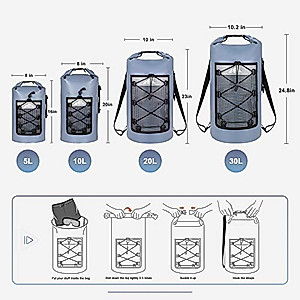 HEETA Waterproof Dry Bag for Women Men(Upgraded Version), 5L/ 10L/ 20L/ 30L Roll Top Lightweight Dry Storage Bag Backpack with Phone Case, Grey 5L