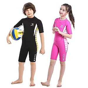2.5mm Kids shorty Wetsuit, Boys and Girls Full Body Thermal neoprene Swimsuit, Back Zip Wet suit for Scuba Diving, Swimming, Surfing