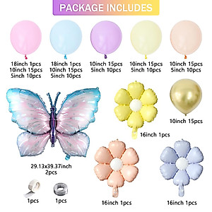 Daisy Butterfly Balloon Garland Arch Kit with Pastel Macarone Pink Blue Yellow Purple Gold Latex Balloons for Birthday Party Wedding Decorations (Macarone)