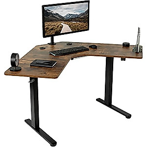 VIVO Electric Height Adjustable L-Shaped 47 x 47 inch Standing Desk, Vintage Brown Corner 3-Piece Table Top, Black Frame, Stand Up Workstation, DESK-E1L94N