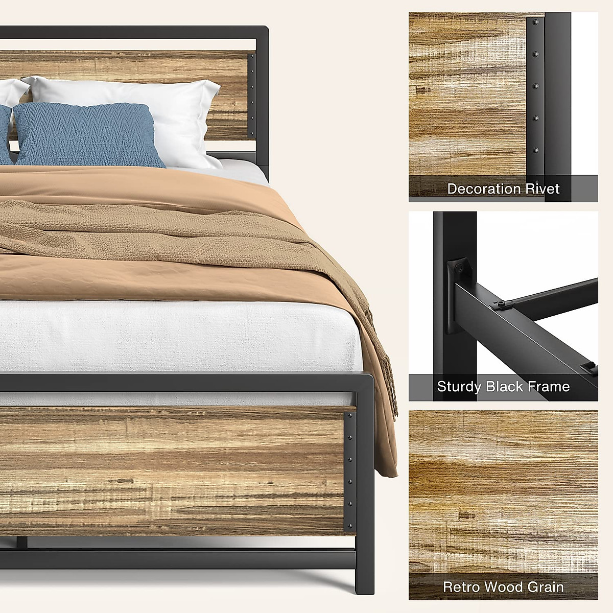 Gizoon Queen Metal Platform Bed with Wooden Headboard, 15 Inch Iron Slats, Large Under-Bed Storage, No Noise, No Box Spring Needed, Easy Assembly, Grey