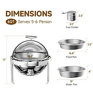Halamine Roll Top Chafing Dish Buffet Set, 6 Quart Round Stainless Steel Chafer for Catering, Buffet Servers and Warmers for Parties Catering Event Wedding, Banquet, Events, Graduation