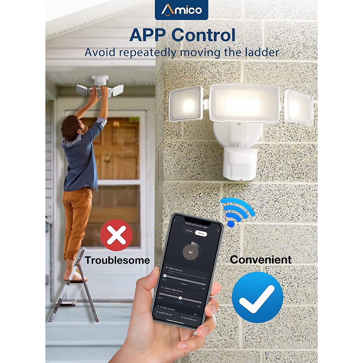 Amico Smart LED Motion Sensor Outdoor Lights, 40W Flood Lights Work with Alexa/Google Home, 4000LM Security Lights, 2700-6500K, IP65 Waterproof, App Controlled WiFi Flood Light for Garage, Yard