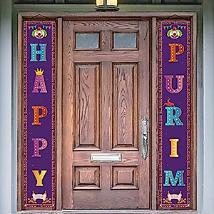 Vohado Happy Purim Porch Banner Jewish Holiday Wall Hanging Flag Yard Sign Seder Purim Carnival Party Circus Clown Welcome Sign Indoor Outdoor Door Hanging Porch Sign Front Door Holiday Party Decor