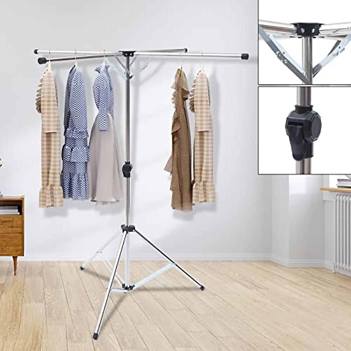 Leblett Tripod Clothes Drying Rack,Foldable Portable Space Saving Laundry Drying Rack High Capacity 4 Poles,Height-Adjustable with 10 Hooks for Outdoor and Indoor Home Use