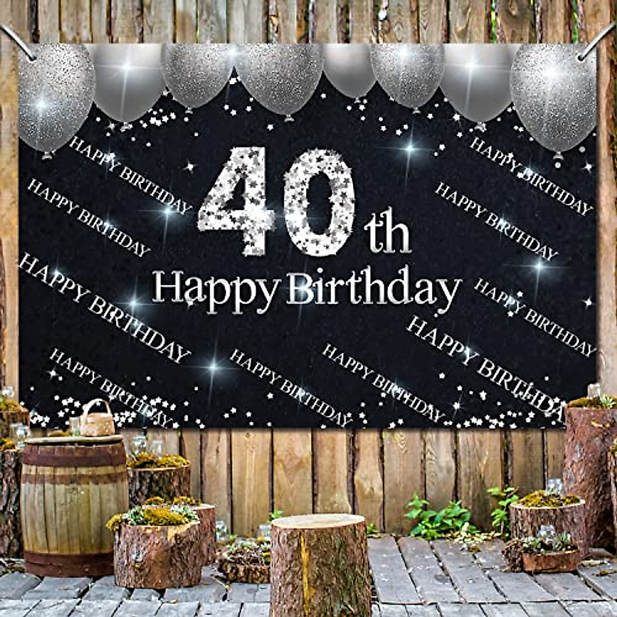 Silver and Black Happy 40th Birthday Backdrop Banner Decorations for Women Men 40 Years Old Bday Background Photography Party Decor Sign Supplies