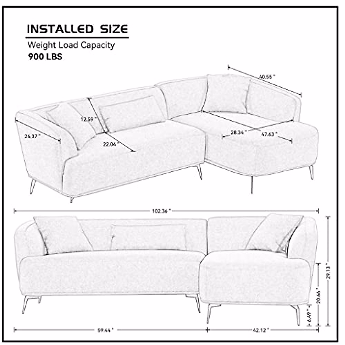 WXBDD L-Shape Sectional Sofa Couch with Chaise,Metal Legs,Light Grey