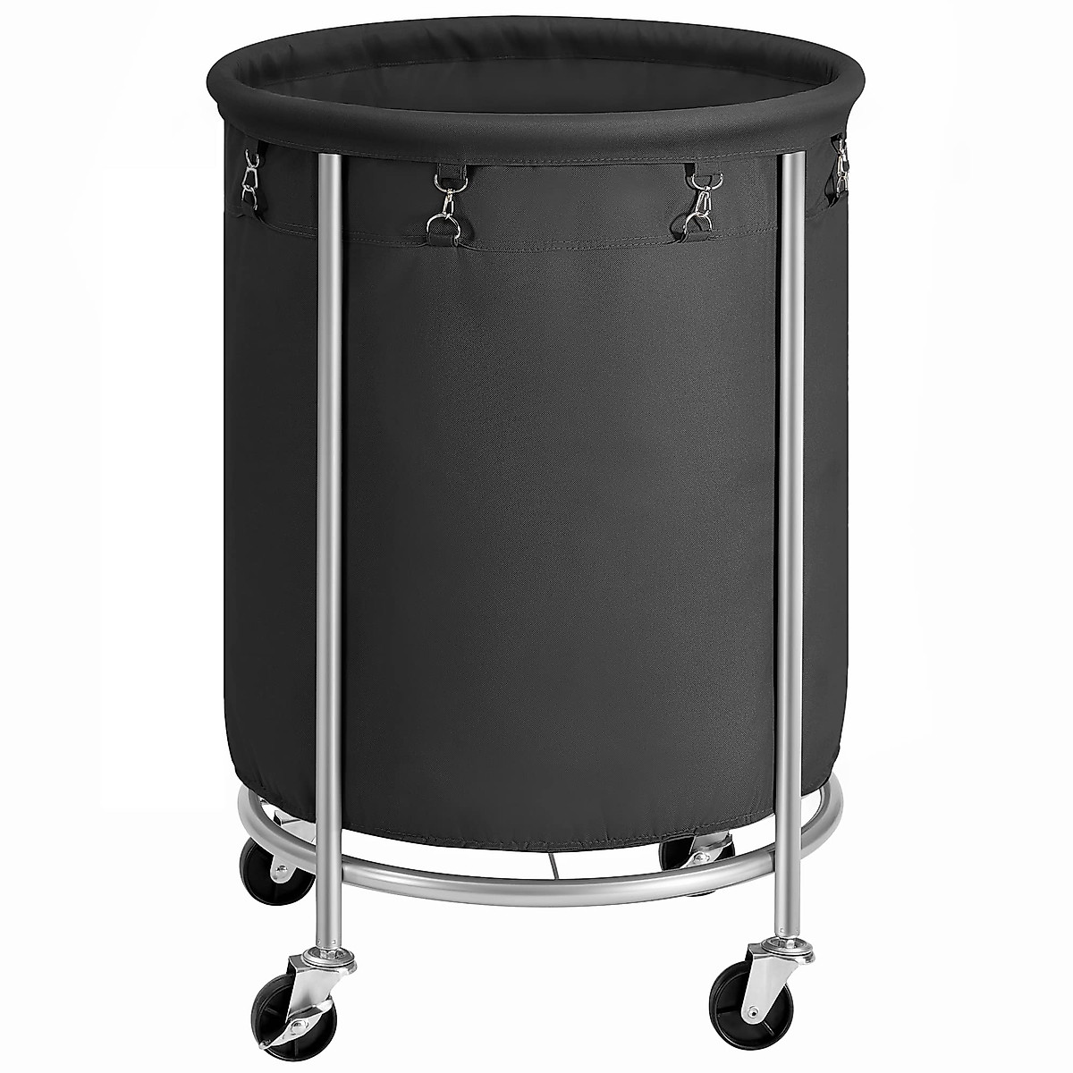 SONGMICS Laundry Basket with Wheels, Rolling Laundry Hamper, 45 Gal., Round Laundry Cart with Steel Frame and Removable Bag, 4 Casters and 2 Brakes, Black and Silver URLS001B01