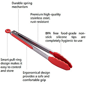 HiramWare Kitchen Tongs Set of 2 – 9 inch & 12 inch – Stainless Steel Food Tongs with Silicone Tips – Premium Locking Non-stick Tongs for Cooking, BBQ, Grilling, Salad - Heavy Duty, BPA Free(Red)