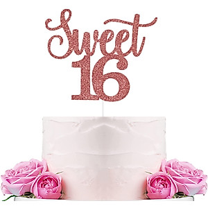 Sweet 16 Decorations Rose Gold - Happy Sweet 16 Birthday Banner Pre-Strung & Sweet 16 Cake Topper & Circle Dots Garland & White Rose Gold Confetti Balloons for 16th Birthday Decorations