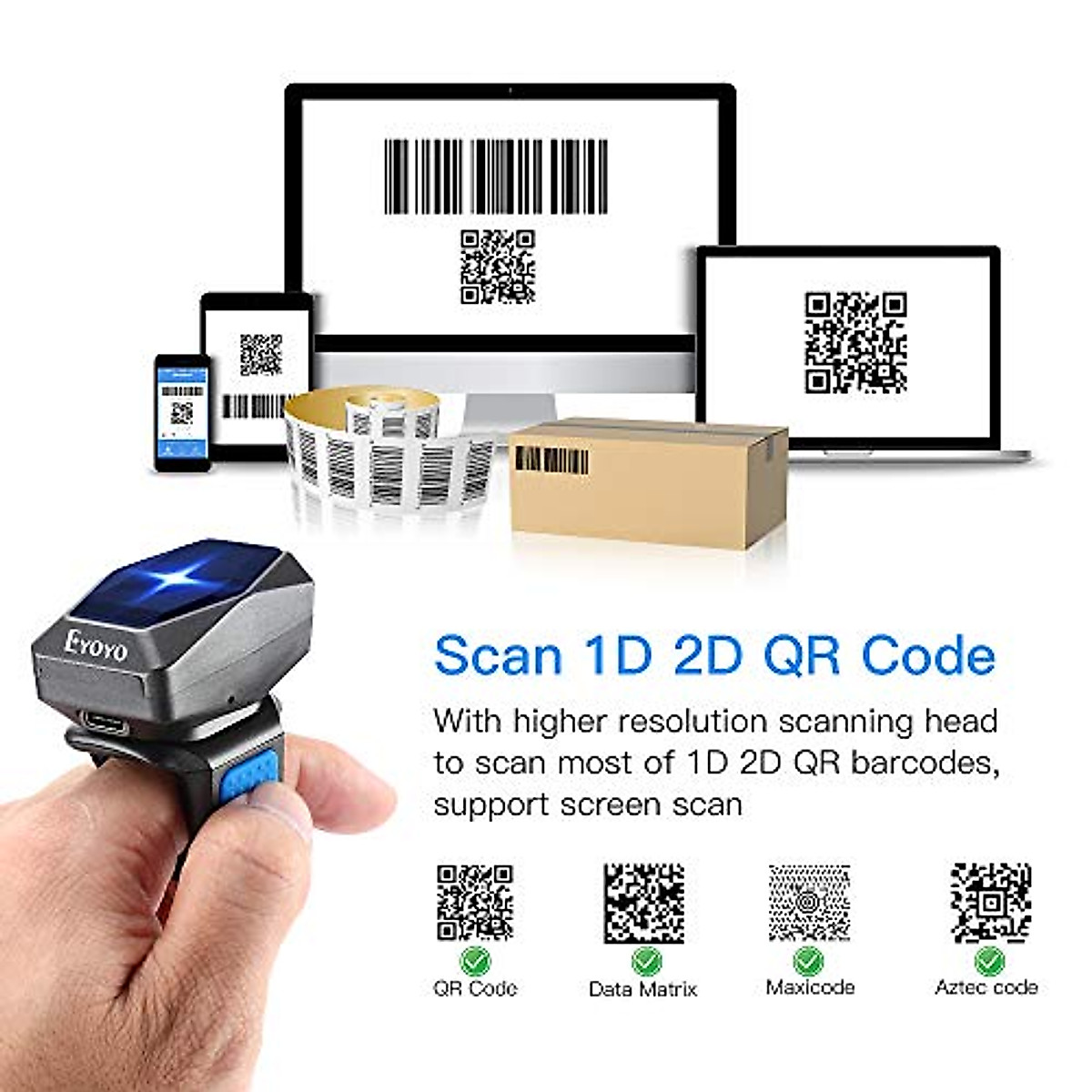 Upgraded Eyoyo 2D Ring Barcode Scanner Bluetooth, USB Wired & 2.4G Wireless & Bluetooth Mini Wearable Bar code Scanner, 1D 2D QR Image Barcode Reader PDF417 Data Matrix for iPhone, Andriod, Tablet, PC