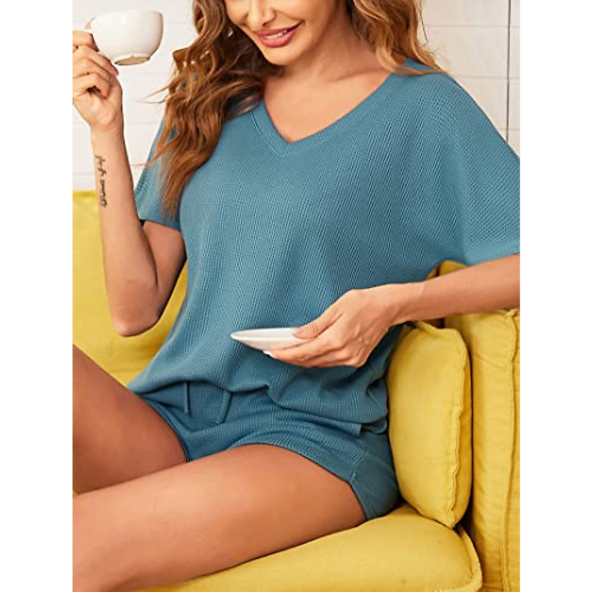 Ekouaer Womens Pajamas Set Shorts Waffle Knit Pjs Soft Loungewear Cozy Sleepwear Cotton Lounge Wear 2 Piece Matching Set Peacock Blue XXL