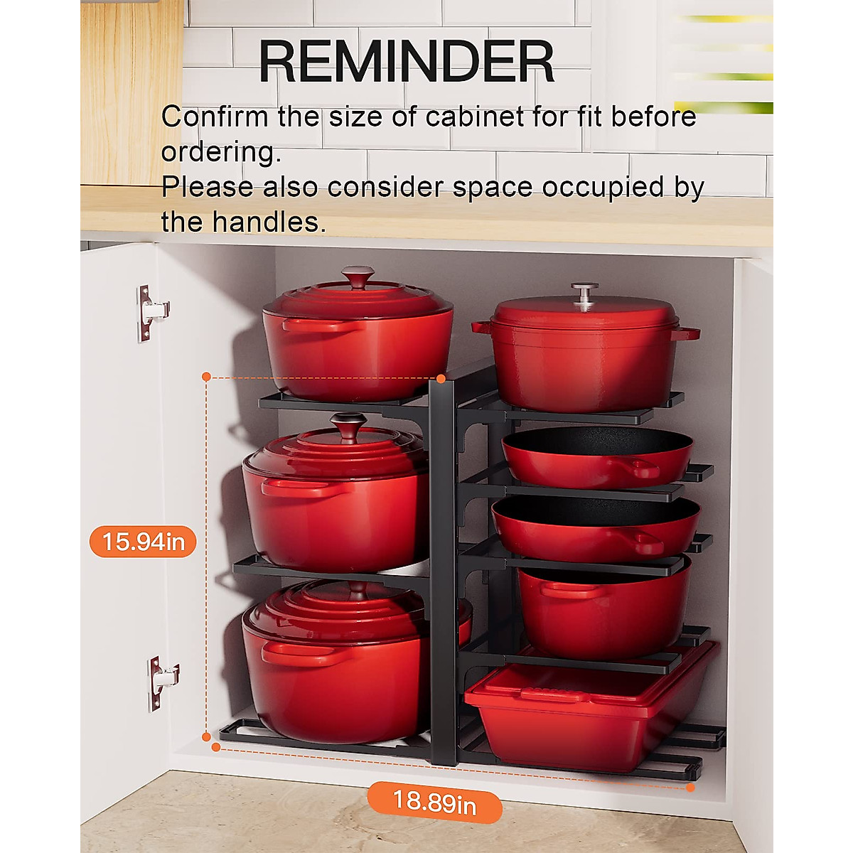 ORDORA Pots and Pans Organizer: Rack for Cabinet, 8-Tier Heavy Duty 120LBS Pots Pans Organizer Rack under Cabinet Adjustable for Dutch Ovens, Cast-iron Pans, Heavy Skillets Griddles, Shallow Pots