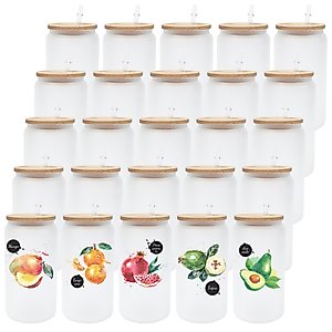 VEVELU 25 Pack Frosted Glass Cups with Lids and Straws 16oz Frosted Sublimation Glass Cups Can Blanks Tumbler Glass Sublimation Cups with Bamboo Lid Beer Can Glass Iced Coffee Cups Drinking Juice Jars