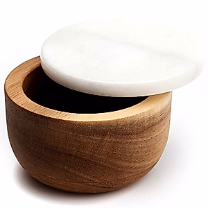 jalz jalz Large Wood Salt Box with Spoon Spice Seasonings Keeper Solid Natural Acacia Base White Marble Lid Elegant Design Decorative Boxes Big Capacity