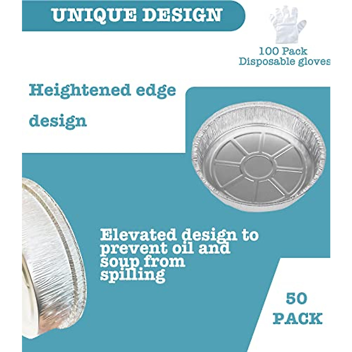 50 Pack 7-Inch Round Aluminum Foil Pans, Disposable Tin Cake Pie Pans, Foil Liners for Air Fryer, Food Containers for Storage, Baking, Roasting, Meal Prep, Reheating