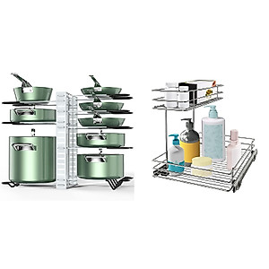 Pot Rack Organizers & Pull Out Cabinet Organizer, Adjustable Pots and Pans Organizer with 3 DIY Methods for Kitchen Organization, 12.6W x 16.53D x 12.99H Under Sink Slide Out Storage Shelf(2 Pack)