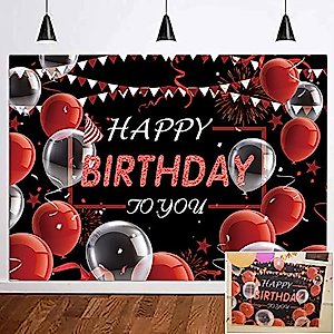 VOUORON Happy Birthday Photography Backdrop Red and Black Balloon Confetti Birthday Decor Photo Background for Kids Men Women Anniversary Birthday Party Banner Supplies 7x5FT