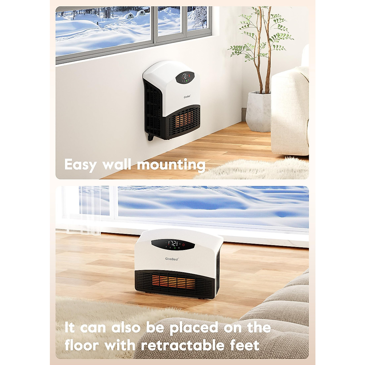 GiveBest Electric Wall Heater with WiFi and Remote Control, Floor or Wall Mounted Heater, Large Room Coverage, 3 Heating Modes, 1500W Fast Heating Space with Thermostat for Indoor Room Use